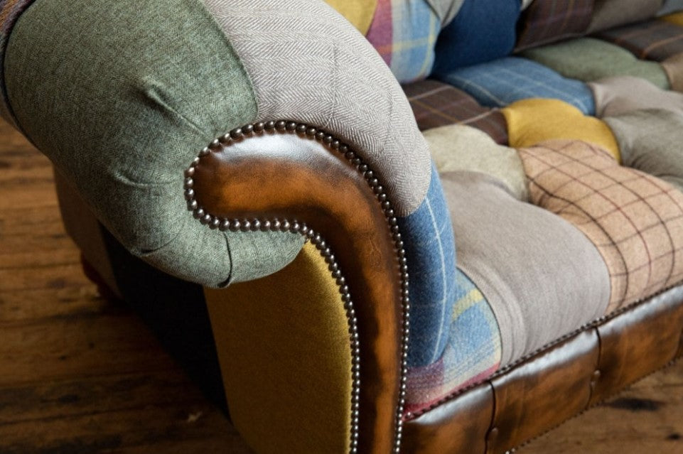 Cotswold Tweed and Leather Patchwork Sofa Against The Grain Furniture