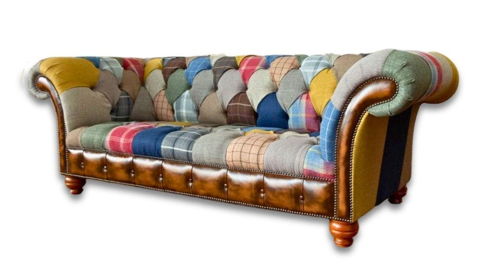 Cotswold Tweed and Leather Patchwork Sofa Against The Grain Furniture